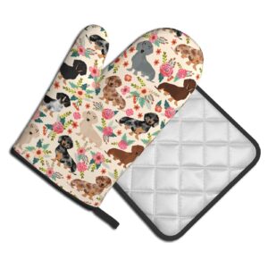 RENGMIAN Floral Dachshund Oven Mitts and Pot Holders Heat Resistant Oven Gloves Safe Cooking Baking Grilling