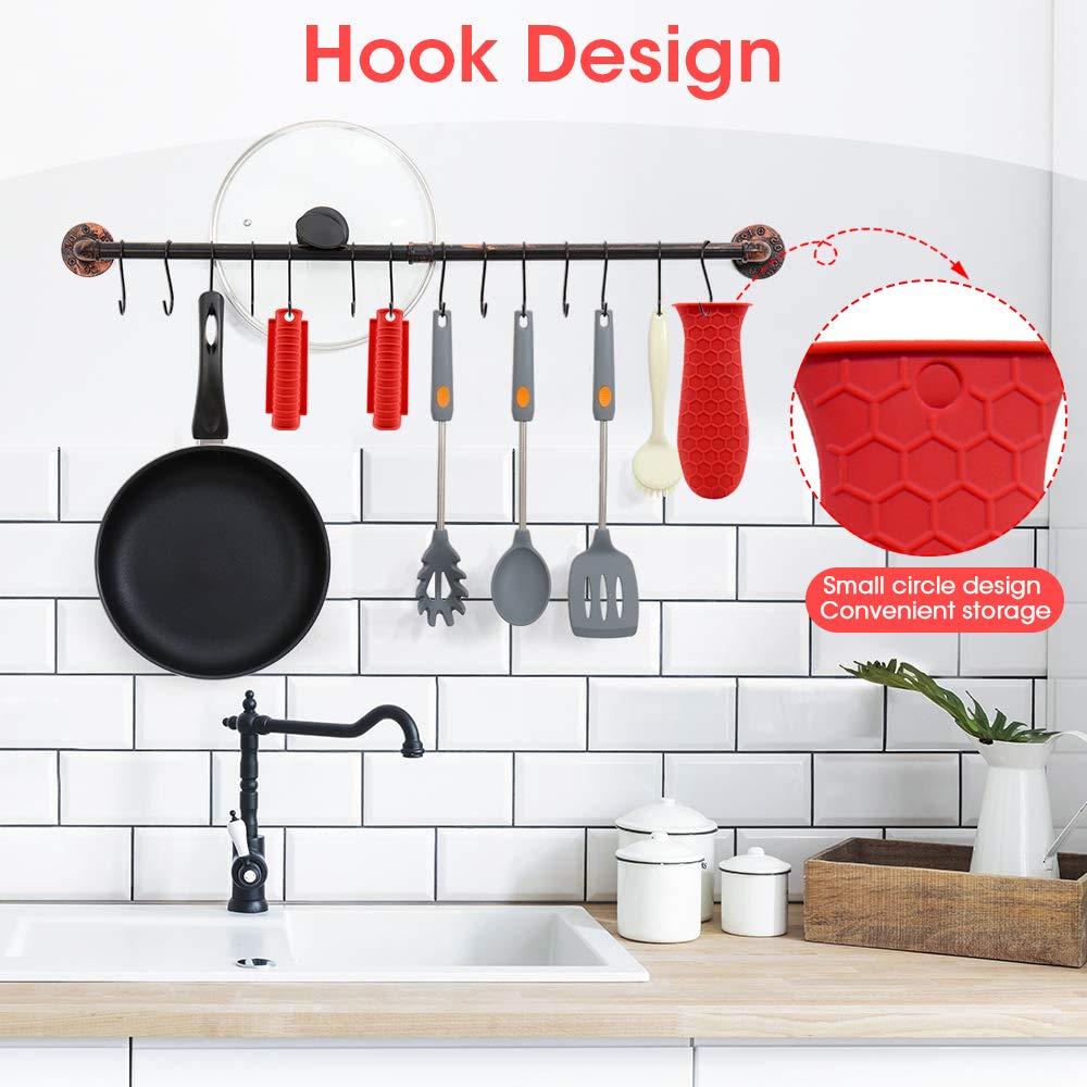 AHIW Silicone Hot Handle Holder Cover Set Assist Pan Handle Sleeve Pot Holders Cast Iron Skillets Handles Grip Covers Non-Slip Heat Resistant for Griddles Metal Frying Pans Aluminum Cookware (L, Red)