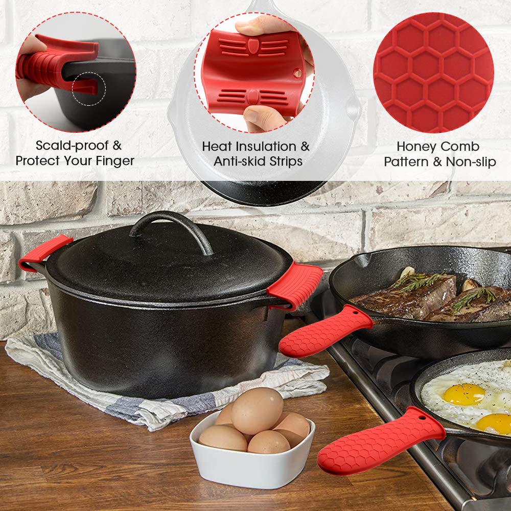 AHIW Silicone Hot Handle Holder Cover Set Assist Pan Handle Sleeve Pot Holders Cast Iron Skillets Handles Grip Covers Non-Slip Heat Resistant for Griddles Metal Frying Pans Aluminum Cookware (L, Red)