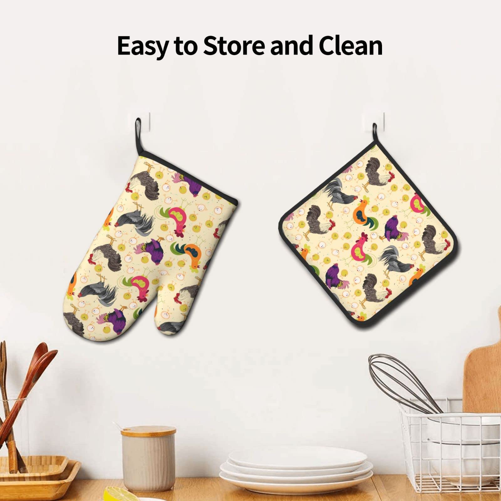 DEYIMERI Chickens Rooster Oven Mitts and Pot Holders Sets,Heat Resistant Oven Gloves with Hanging Loop for Safe Kitchen,Cooking,Baking,Grilling