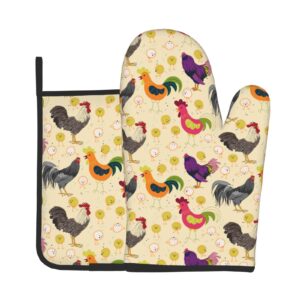 DEYIMERI Chickens Rooster Oven Mitts and Pot Holders Sets,Heat Resistant Oven Gloves with Hanging Loop for Safe Kitchen,Cooking,Baking,Grilling