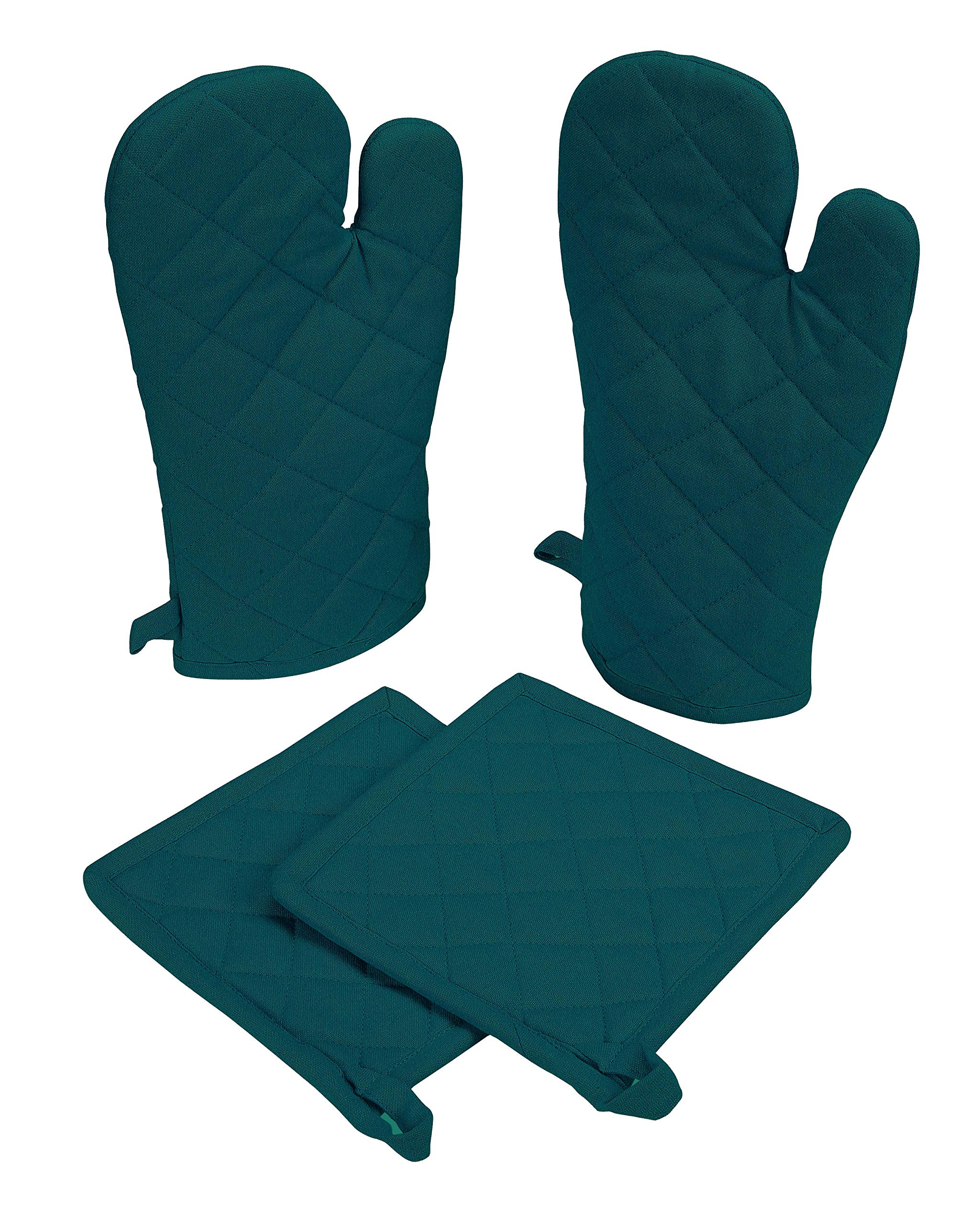 Native Fab Pot Holders and Oven Mitts Sets for Kitchen Heat Resistant - Hanging Non-Slip - 100% Cotton Kitchen Oven Mitts and Pot Holders 4-Piece Set - Teal