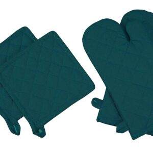 Native Fab Pot Holders and Oven Mitts Sets for Kitchen Heat Resistant - Hanging Non-Slip - 100% Cotton Kitchen Oven Mitts and Pot Holders 4-Piece Set - Teal