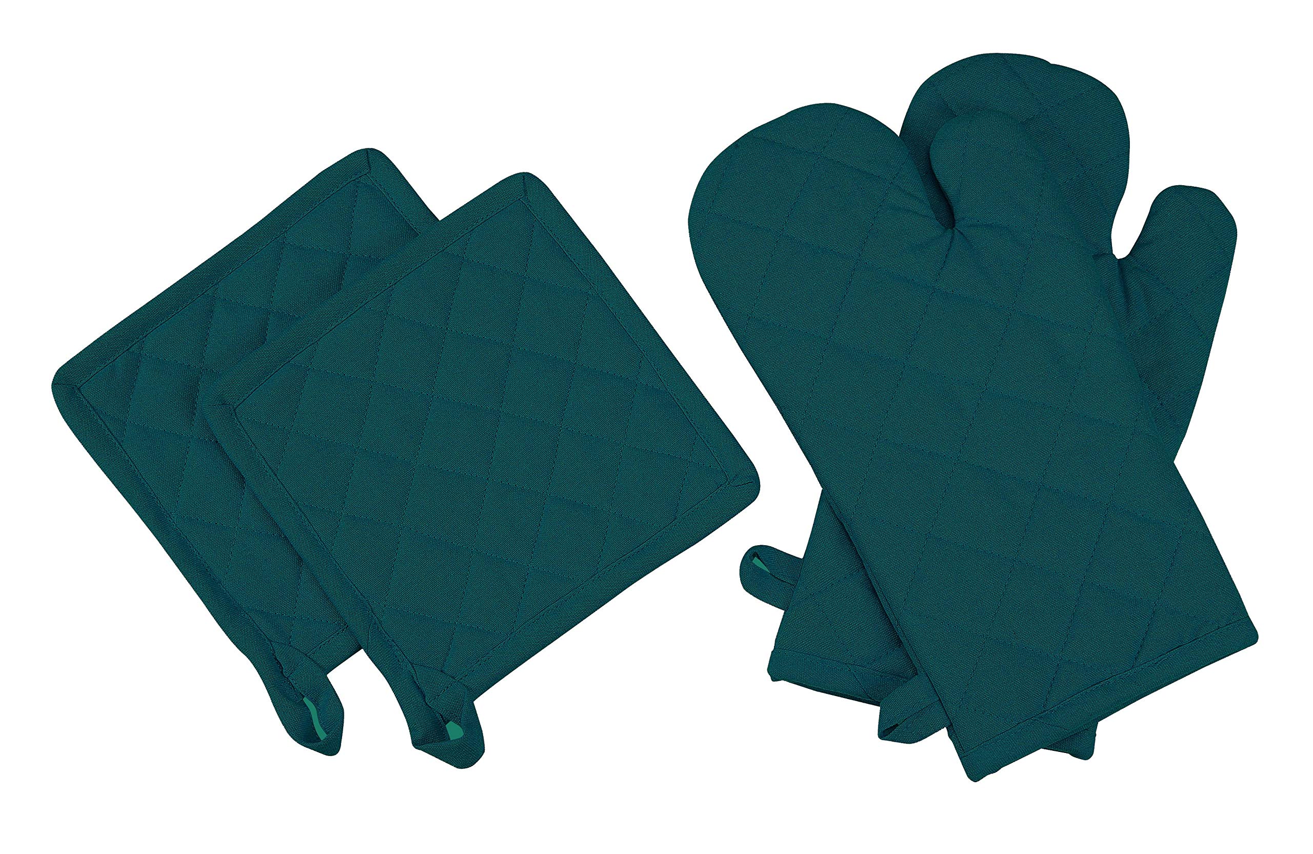 Native Fab Pot Holders and Oven Mitts Sets for Kitchen Heat Resistant - Hanging Non-Slip - 100% Cotton Kitchen Oven Mitts and Pot Holders 4-Piece Set - Teal