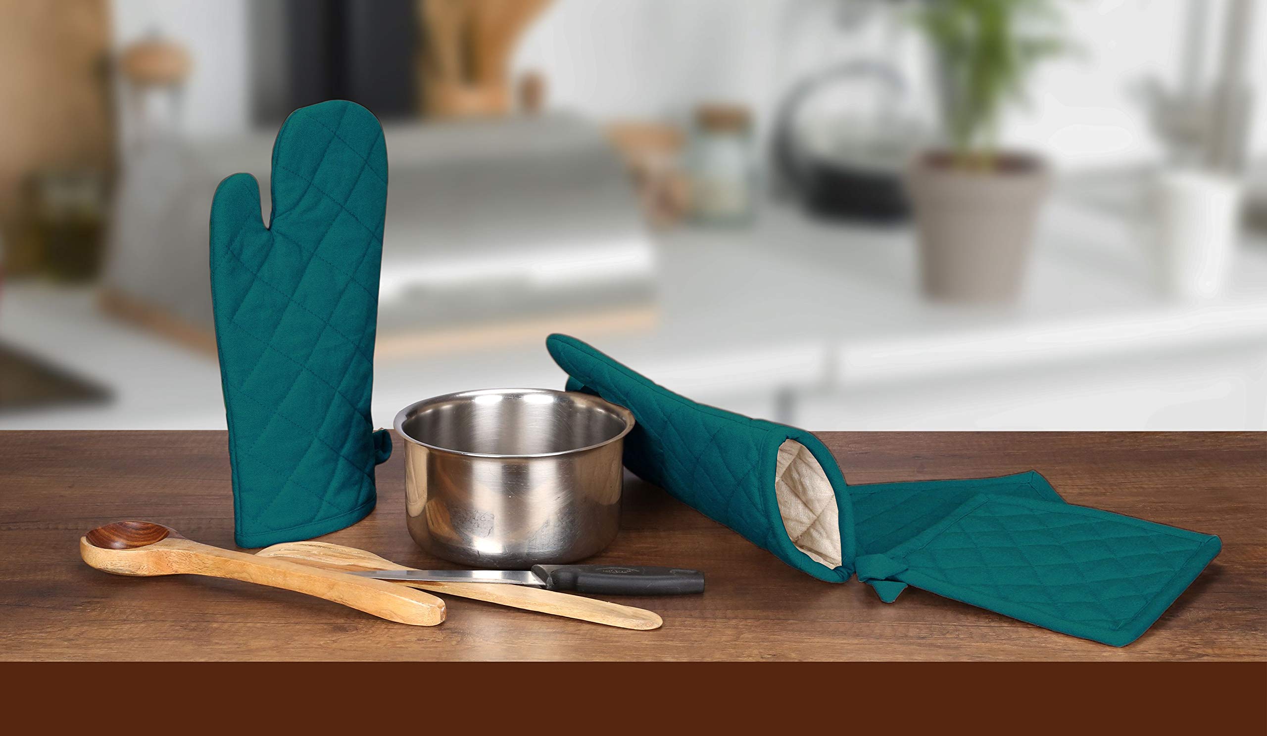 Native Fab Pot Holders and Oven Mitts Sets for Kitchen Heat Resistant - Hanging Non-Slip - 100% Cotton Kitchen Oven Mitts and Pot Holders 4-Piece Set - Teal