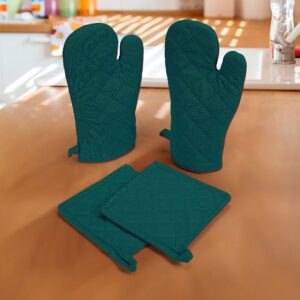 Native Fab Pot Holders and Oven Mitts Sets for Kitchen Heat Resistant - Hanging Non-Slip - 100% Cotton Kitchen Oven Mitts and Pot Holders 4-Piece Set - Teal