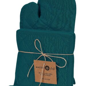 Native Fab Pot Holders and Oven Mitts Sets for Kitchen Heat Resistant - Hanging Non-Slip - 100% Cotton Kitchen Oven Mitts and Pot Holders 4-Piece Set - Teal