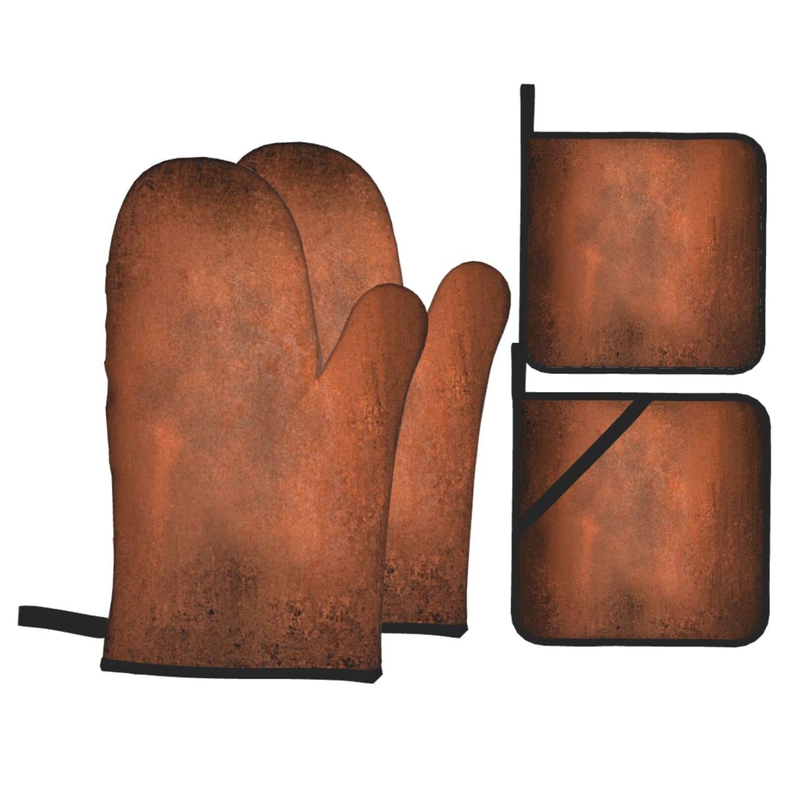 Oven Mitts and Pot Holders Sets of 4 Paint Hammered Abstract Orange Brown Vintage Aged Copper Burnt Dirty Dark Antique Polyester Oven Mitts with Oven Gloves and Hot Pads Potholders for Kitchen BBQ