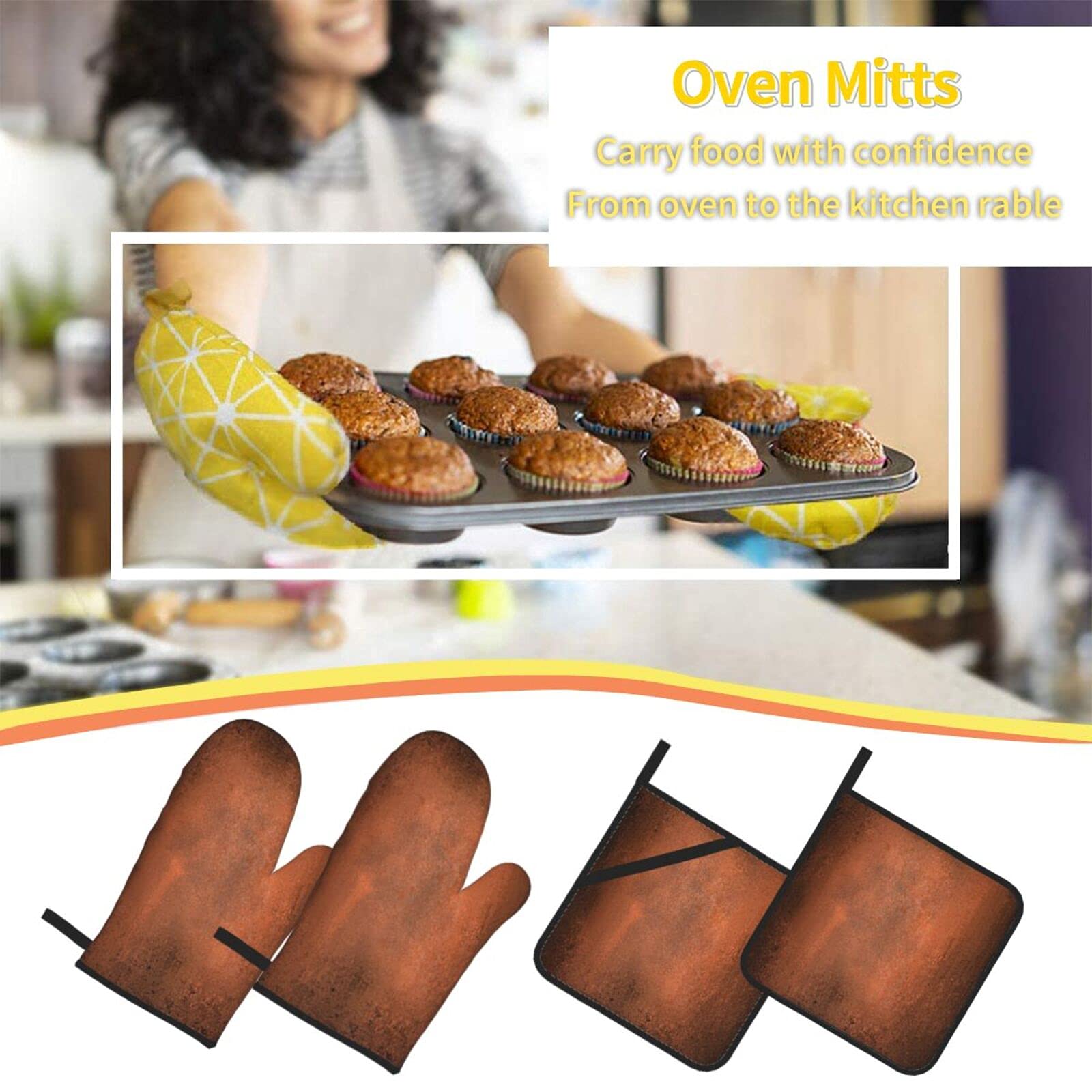 Oven Mitts and Pot Holders Sets of 4 Paint Hammered Abstract Orange Brown Vintage Aged Copper Burnt Dirty Dark Antique Polyester Oven Mitts with Oven Gloves and Hot Pads Potholders for Kitchen BBQ