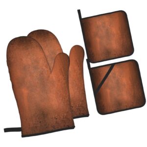 Oven Mitts and Pot Holders Sets of 4 Paint Hammered Abstract Orange Brown Vintage Aged Copper Burnt Dirty Dark Antique Polyester Oven Mitts with Oven Gloves and Hot Pads Potholders for Kitchen BBQ