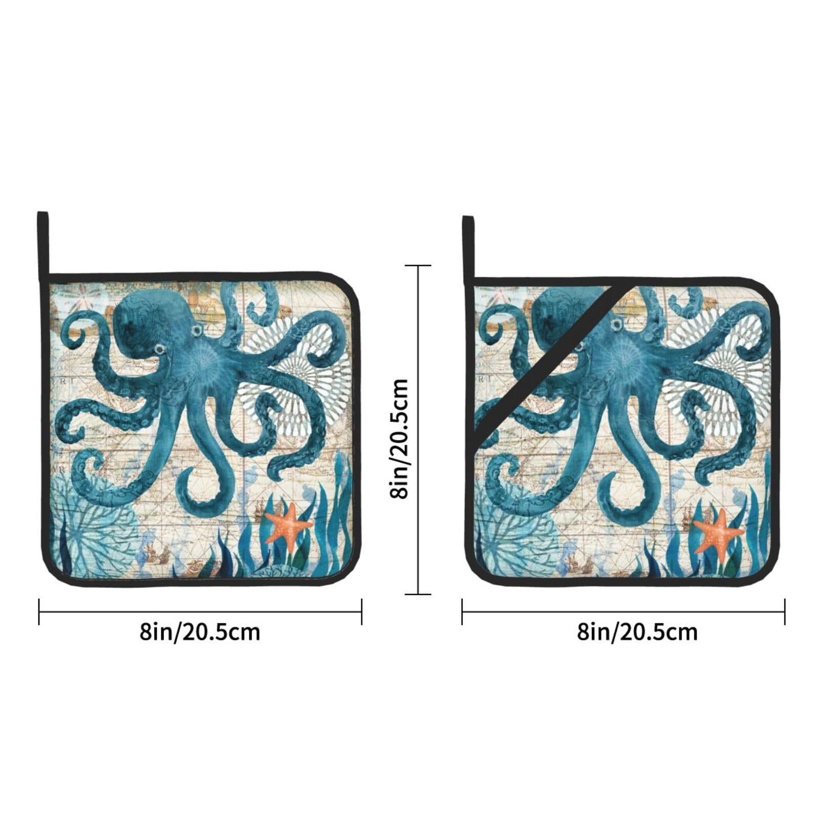 Sea Animals Octopus Pot Holders Set of 2 with Loop Heat Resistant Hot Pads for Cooking Baking Grilling