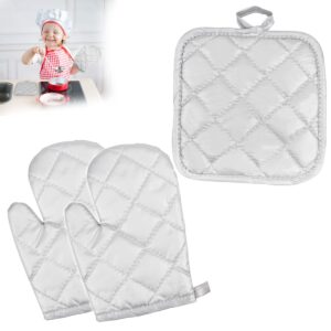 doerdo 3 pack kid oven mitts for children heat resistant kitchen mitts and hot pads, great for cooking baking, age 4-12 (7"x4.7", silver)