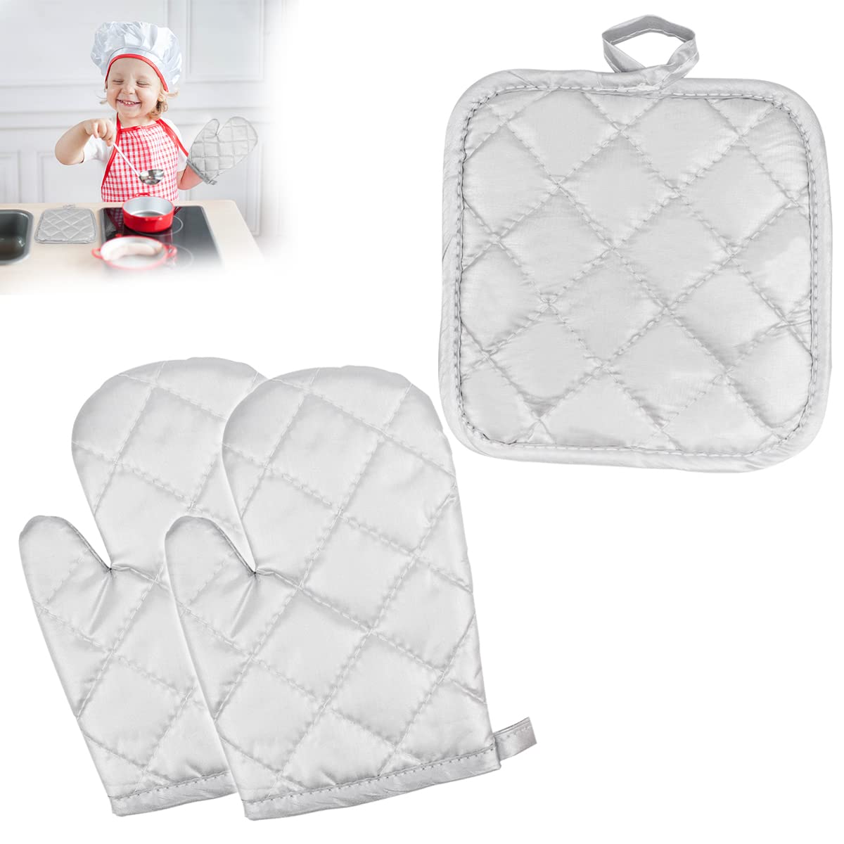 DOERDO 3 Pack Kid Oven Mitts for Children Heat Resistant Kitchen Mitts and Hot Pads, Great for Cooking Baking, Age 4-12 (7"x4.7", Silver)