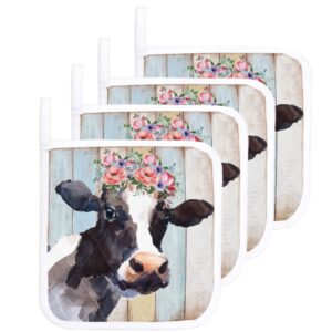 Pot Holder Set of 4 Farm Animal Cute Cow with Flower Wreath Potholder Heat Proof Non-Slip Pot Holders,Farmhouse Vintage Wooden Board Hot Pads Potholders for Kitchen Cooking Baking BBQ