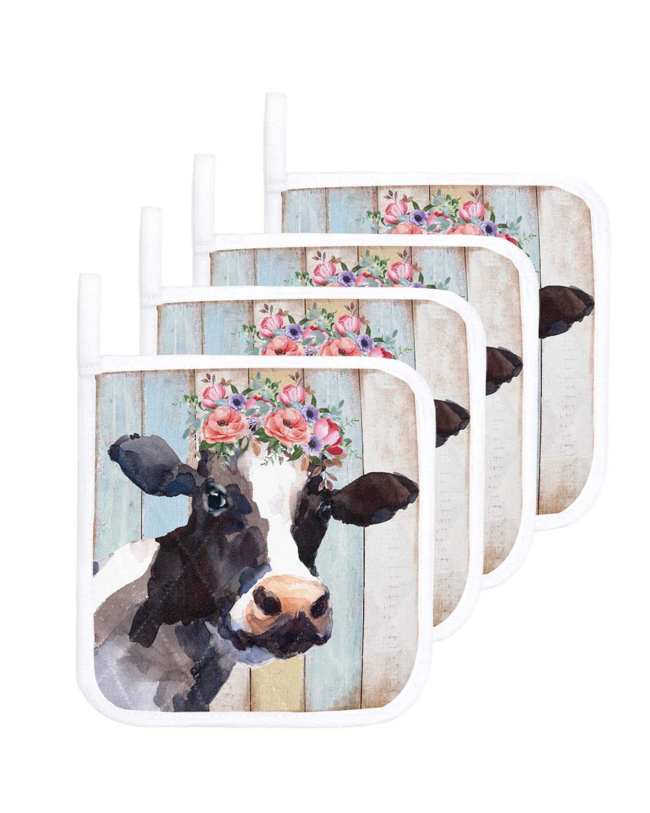 Pot Holder Set of 4 Farm Animal Cute Cow with Flower Wreath Potholder Heat Proof Non-Slip Pot Holders,Farmhouse Vintage Wooden Board Hot Pads Potholders for Kitchen Cooking Baking BBQ