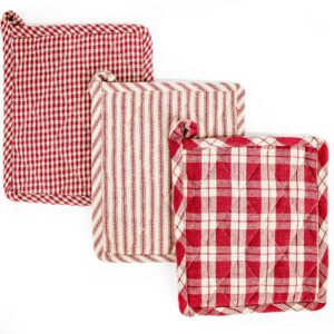 High End Home 3 Piece Pot Holder Set - Hot Pads for Kitchen 7 x 8.5 Inch Burgundy Red