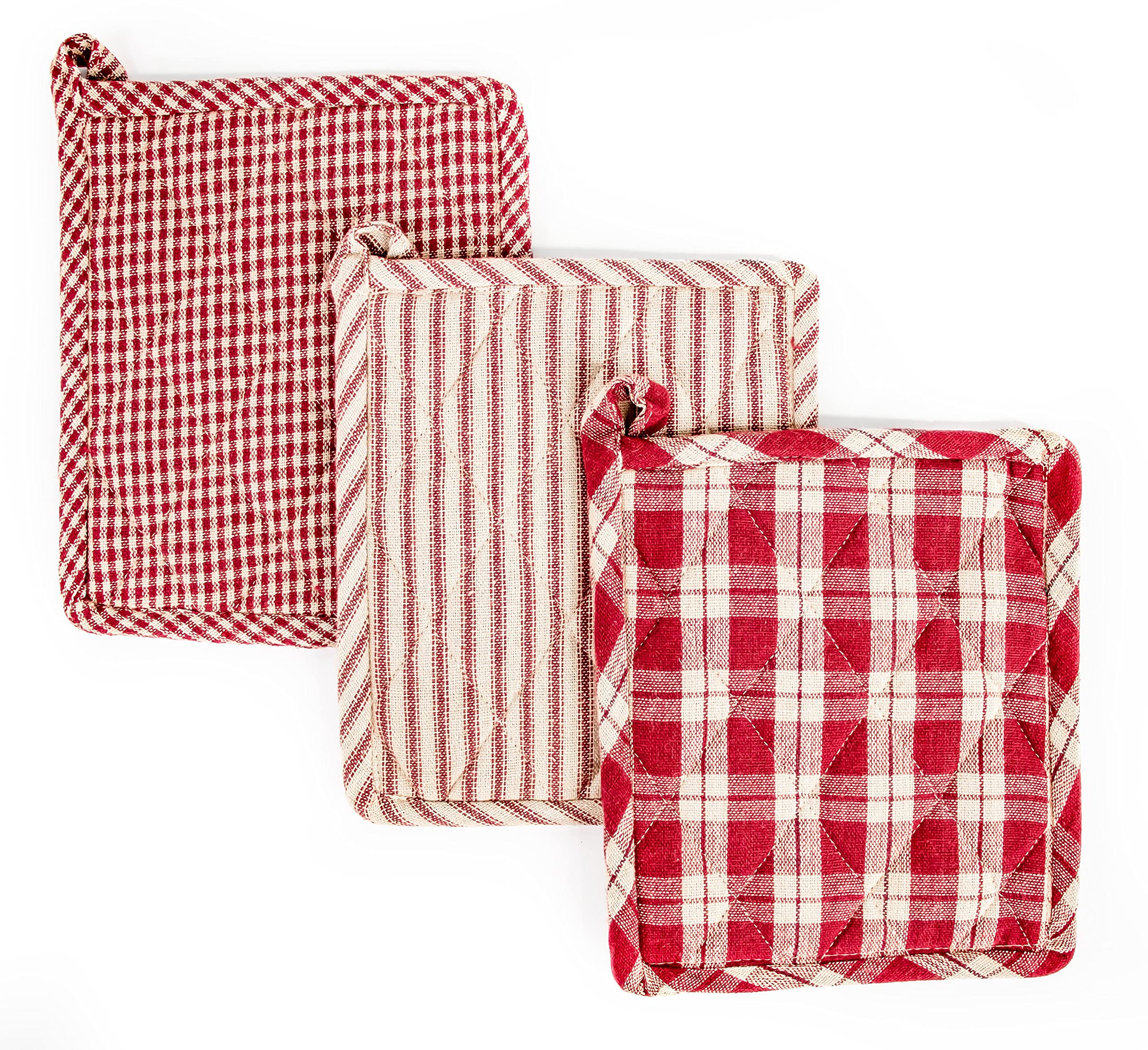 High End Home 3 Piece Pot Holder Set - Hot Pads for Kitchen 7 x 8.5 Inch Burgundy Red