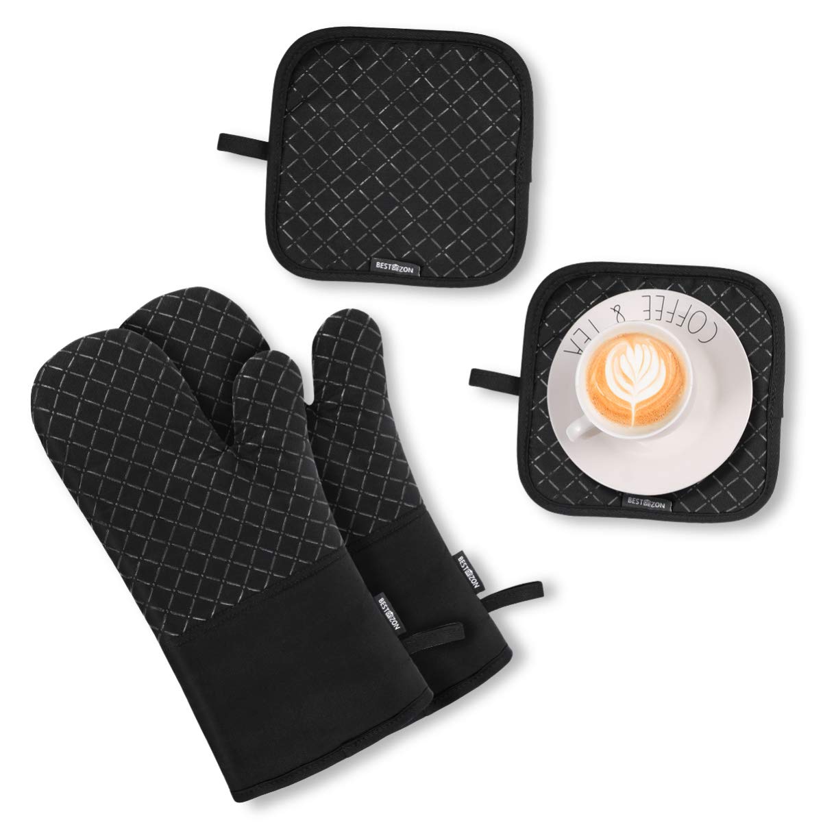 BESTONZON 4PCS Heat Resistant Oven Mitts and Pot Holders, Soft Cotton Lining with Non-Slip Surface for Safe BBQ Cooking Baking Grilling (Black)