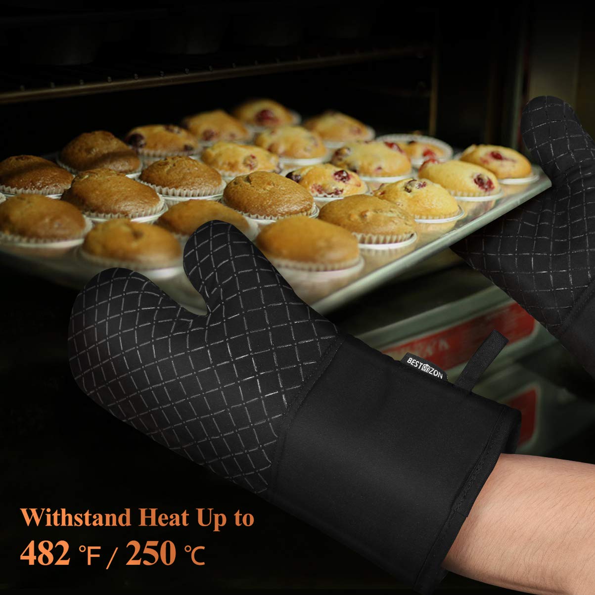 BESTONZON 4PCS Heat Resistant Oven Mitts and Pot Holders, Soft Cotton Lining with Non-Slip Surface for Safe BBQ Cooking Baking Grilling (Black)