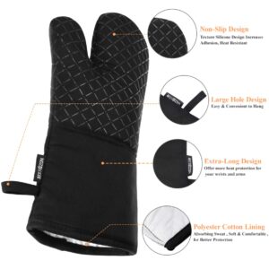 BESTONZON 4PCS Heat Resistant Oven Mitts and Pot Holders, Soft Cotton Lining with Non-Slip Surface for Safe BBQ Cooking Baking Grilling (Black)