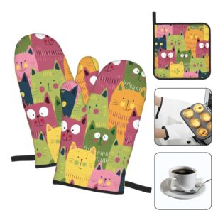 Cute Cat Oven Mitts and Pot Holders Sets of 3 Funny Animal Insulated Kitchen Golves Heat Resistant Potholders for Cooking Baking Grilling BBQ, Cat Gifts for Women