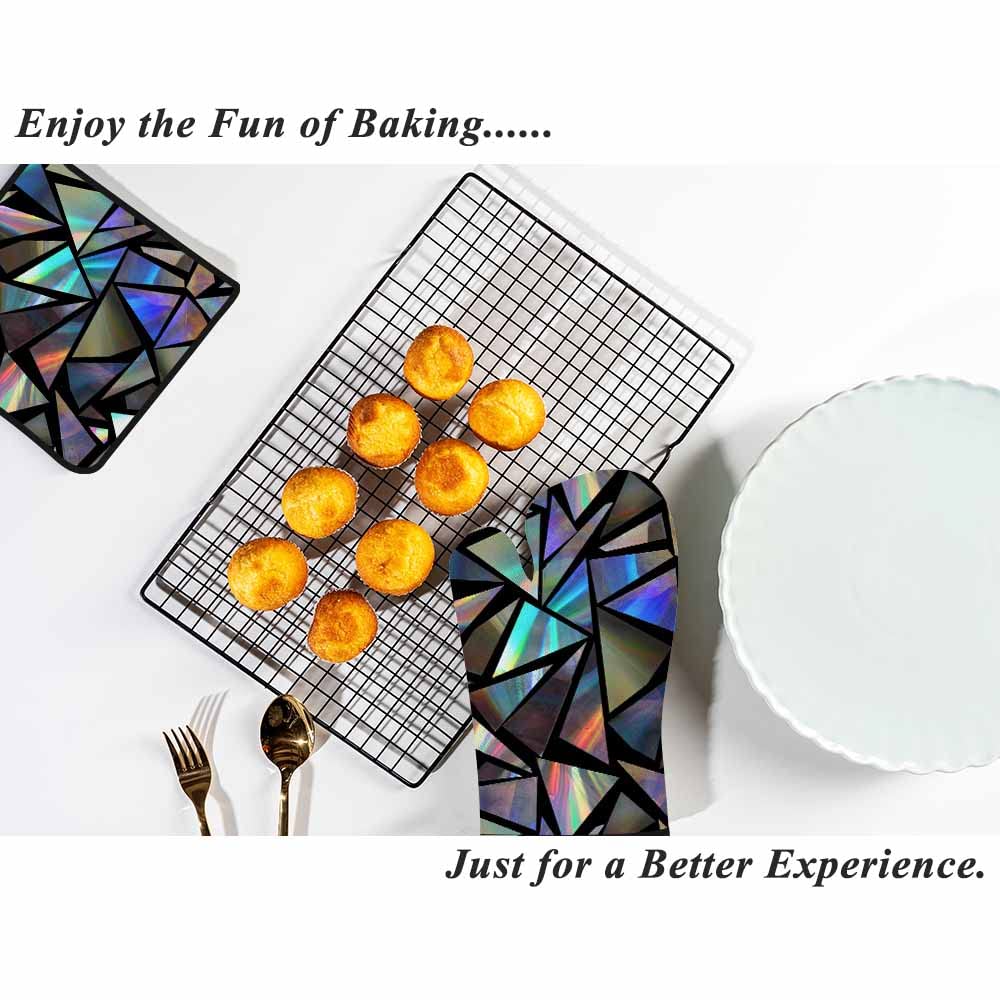 Samgula Iridescent Triangle Oven Mitts and Pot Holders Sets Gradient Stereoscopic Heat Resistant 3pcs for Cooking Baking BBQ