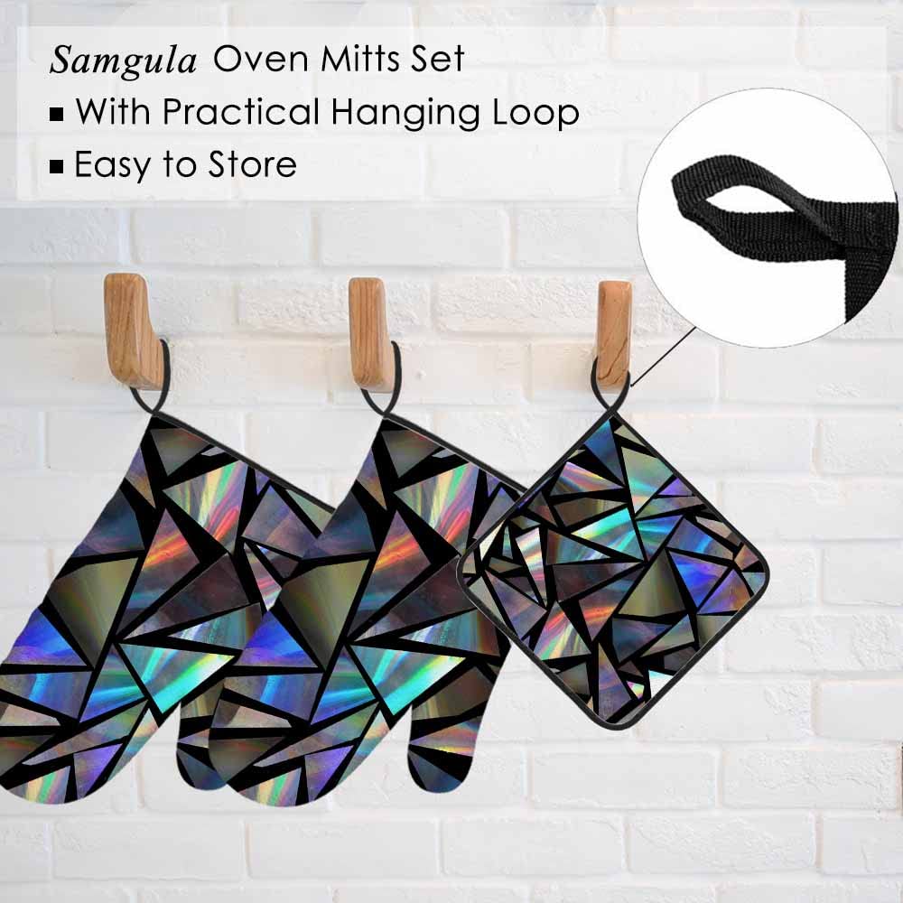 Samgula Iridescent Triangle Oven Mitts and Pot Holders Sets Gradient Stereoscopic Heat Resistant 3pcs for Cooking Baking BBQ