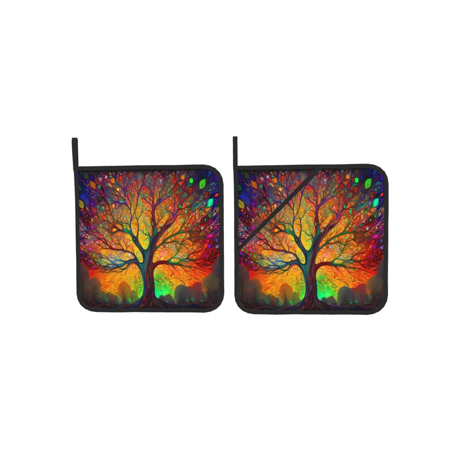 Mount Hour Potholders, Rainbow Tree of Life Colorful Forest Tree Baking Pot Holder for Cooking BBQ, 2-Piece Set