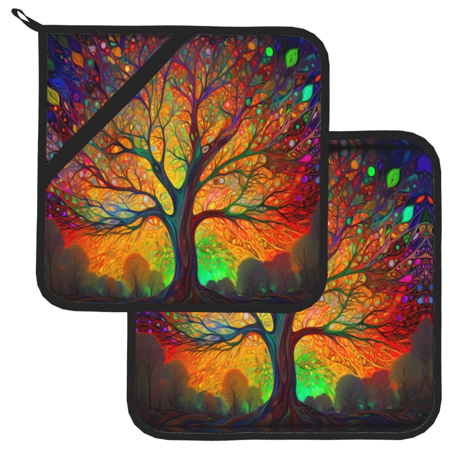 Mount Hour Potholders, Rainbow Tree of Life Colorful Forest Tree Baking Pot Holder for Cooking BBQ, 2-Piece Set