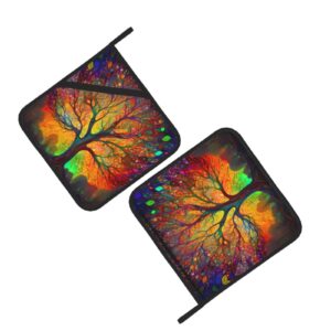 Mount Hour Potholders, Rainbow Tree of Life Colorful Forest Tree Baking Pot Holder for Cooking BBQ, 2-Piece Set