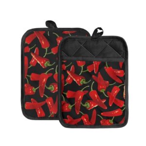 wellflyhom red chili hot pads for kitchen set of 2 pot holders with pocket pepper graphic cotton potholders women men cooking baking microwave machine washable oven mitts