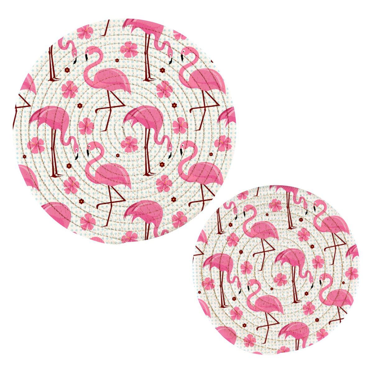 Kigai Pink Tropical Flamingo Trivets for Hot Pots and Pans and Pot Holders 2PCS – Cotton Rope Round Mats, Hot Pads for Kitchens, Coasters, Placemats, Spoon Rest for Cooking and Baking