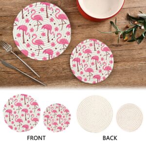 Kigai Pink Tropical Flamingo Trivets for Hot Pots and Pans and Pot Holders 2PCS – Cotton Rope Round Mats, Hot Pads for Kitchens, Coasters, Placemats, Spoon Rest for Cooking and Baking