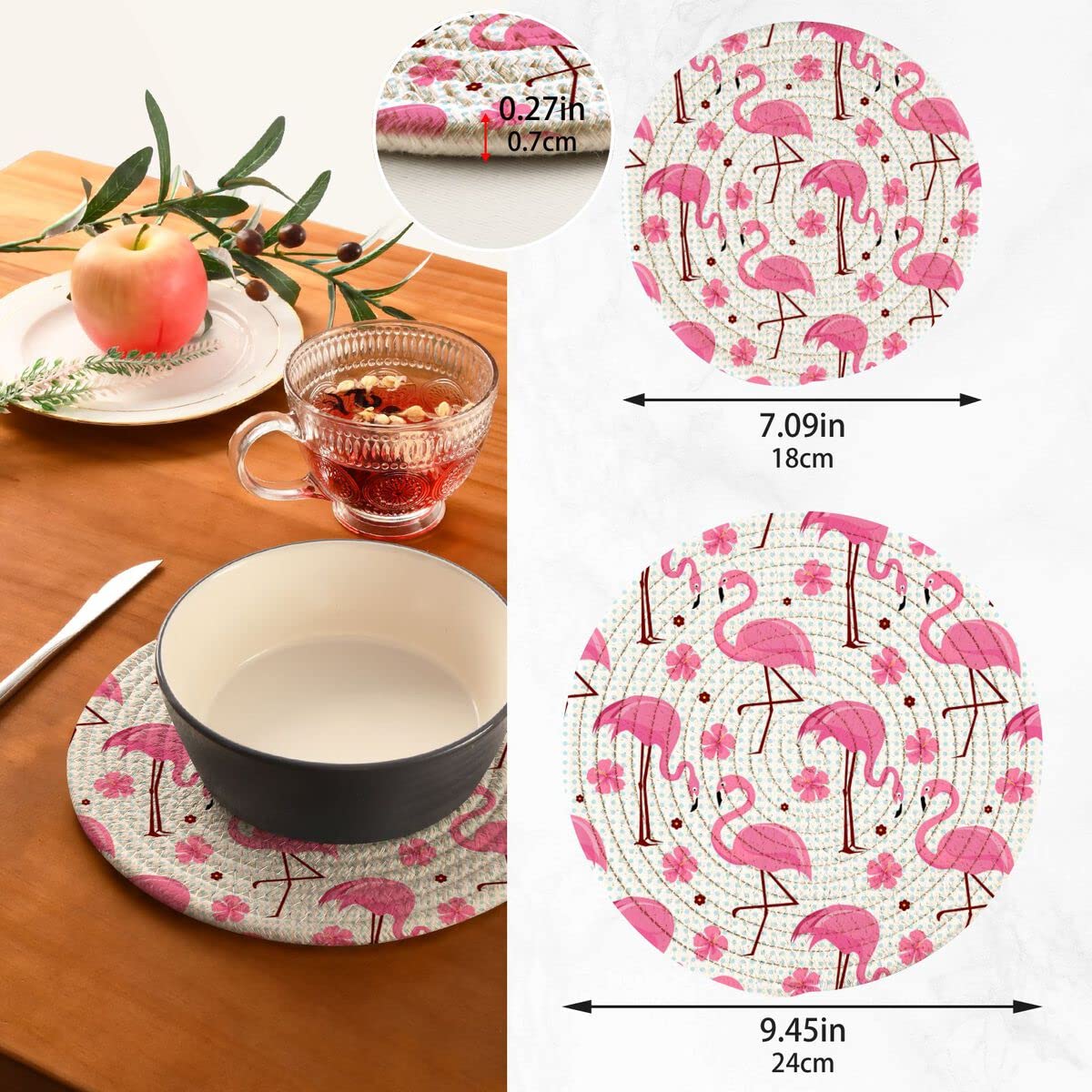 Kigai Pink Tropical Flamingo Trivets for Hot Pots and Pans and Pot Holders 2PCS – Cotton Rope Round Mats, Hot Pads for Kitchens, Coasters, Placemats, Spoon Rest for Cooking and Baking