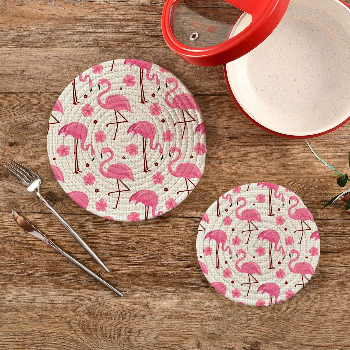 Kigai Pink Tropical Flamingo Trivets for Hot Pots and Pans and Pot Holders 2PCS – Cotton Rope Round Mats, Hot Pads for Kitchens, Coasters, Placemats, Spoon Rest for Cooking and Baking