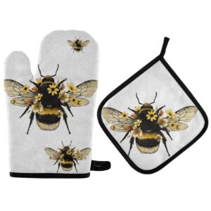 aflyko bee daisy flower oven mitt pot holder gift set heat resistant cooking glove kitchen potholder for bbq baking