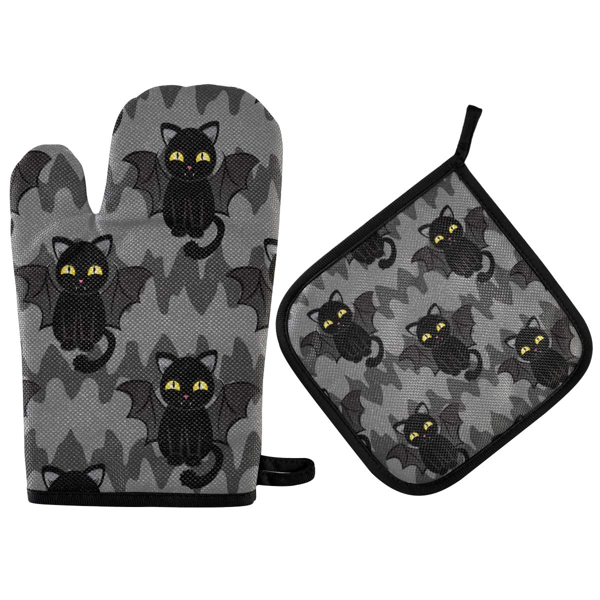 Halloween Black Cat Bat Wings Oven Mitts & Pot Holders Sets Holiday Kitchen Decor Cute Heat Resistant Non-Slip Potholders Set for Cooking Baking BBQ