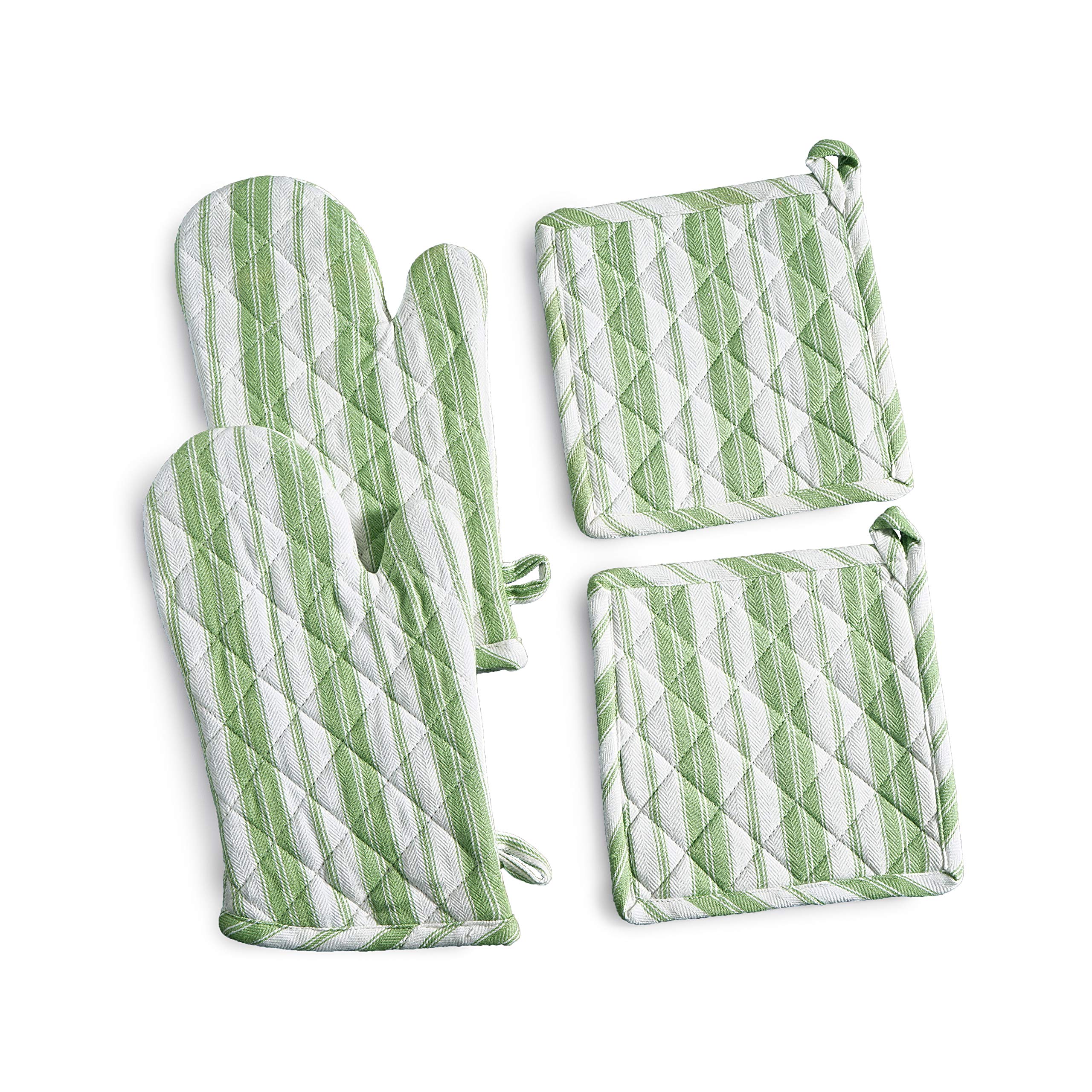 Oven Mitts & Potholder Set - Durable Heat Resistant Gloves - Thick Mittens for Kitchen - Suitable for Cooking, Baking, Grilling – BBQ - 2 Oven Mitts & 2 Potholders – Grass Green Stripes - Casa De Lan