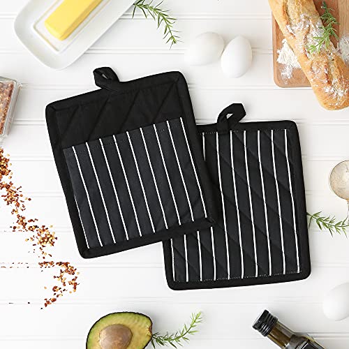 Professional and Commercial Grade, Chef Stripe Kitchen, Potholders, Black