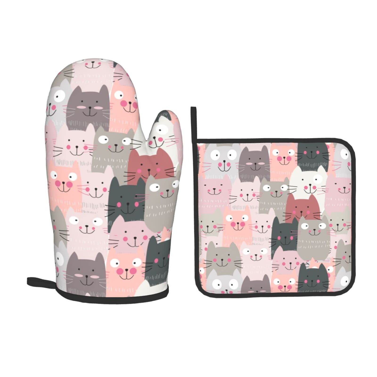 Oplp Funny Pink Cute Cats Oven Mitts and Pot Holders Heat Resistant Oven Mitts Safe for Baking Cooking BBQ