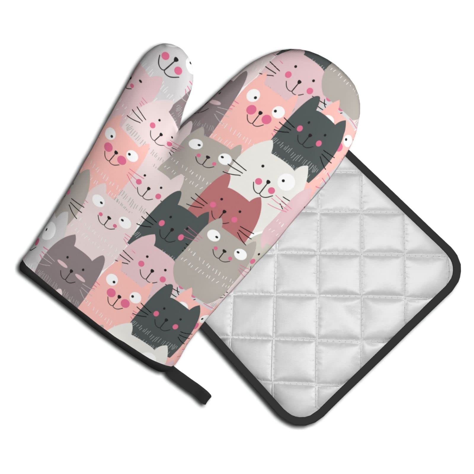 Oplp Funny Pink Cute Cats Oven Mitts and Pot Holders Heat Resistant Oven Mitts Safe for Baking Cooking BBQ