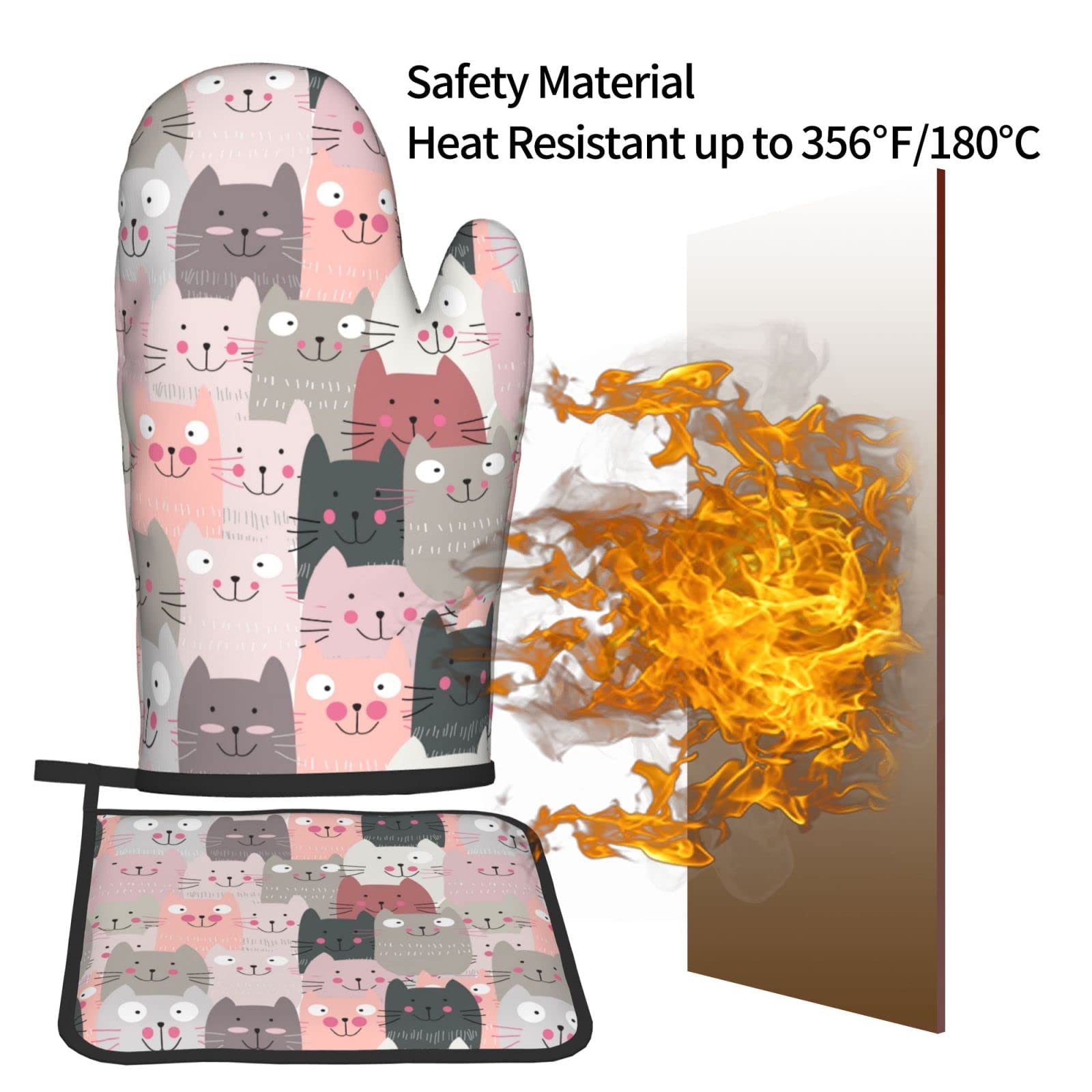 Oplp Funny Pink Cute Cats Oven Mitts and Pot Holders Heat Resistant Oven Mitts Safe for Baking Cooking BBQ