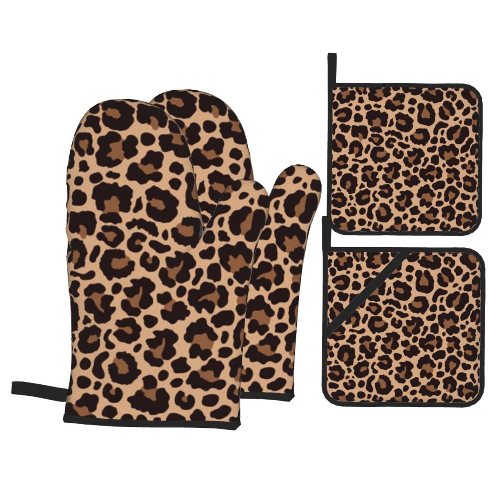 Leopard Print Oven Mitts and Pot Holders Sets,Non-Slip Heat Resistant Oven Gloves for Grilling Baking Cooking Kitchen Housewarming Gift