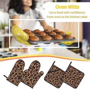 Leopard Print Oven Mitts and Pot Holders Sets,Non-Slip Heat Resistant Oven Gloves for Grilling Baking Cooking Kitchen Housewarming Gift