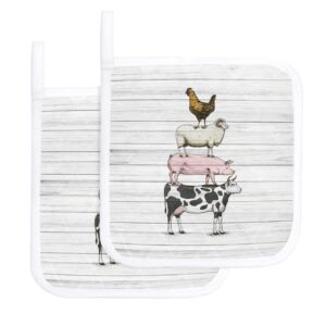 Pot Holders Set of 2,Cow Pig Sheep Chicken Farm Animal Potholder for Kitchen Heat-Proof Hot Pads,Vintage White Wooden Board Hot Mats Potholders for Cooking Baking BBQ