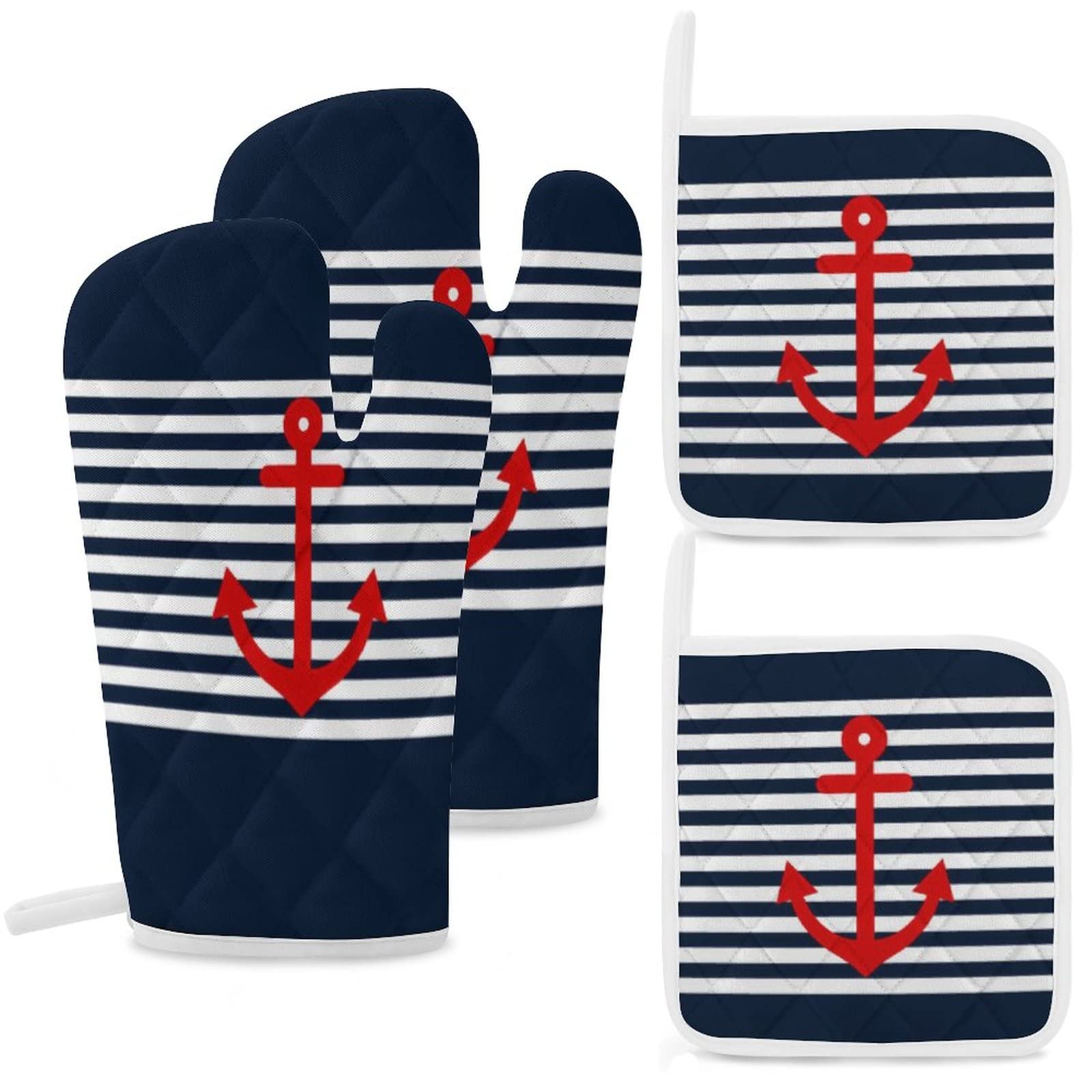 4PCS Oven Mitts Glove Kitchen Heat Resistant Pot Holders Set Navy Blue Nautical Kitchen Microwave Oven Gloves Mitts Anti-Scald Baking Cooking Gloves