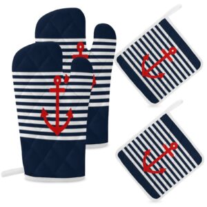 4PCS Oven Mitts Glove Kitchen Heat Resistant Pot Holders Set Navy Blue Nautical Kitchen Microwave Oven Gloves Mitts Anti-Scald Baking Cooking Gloves