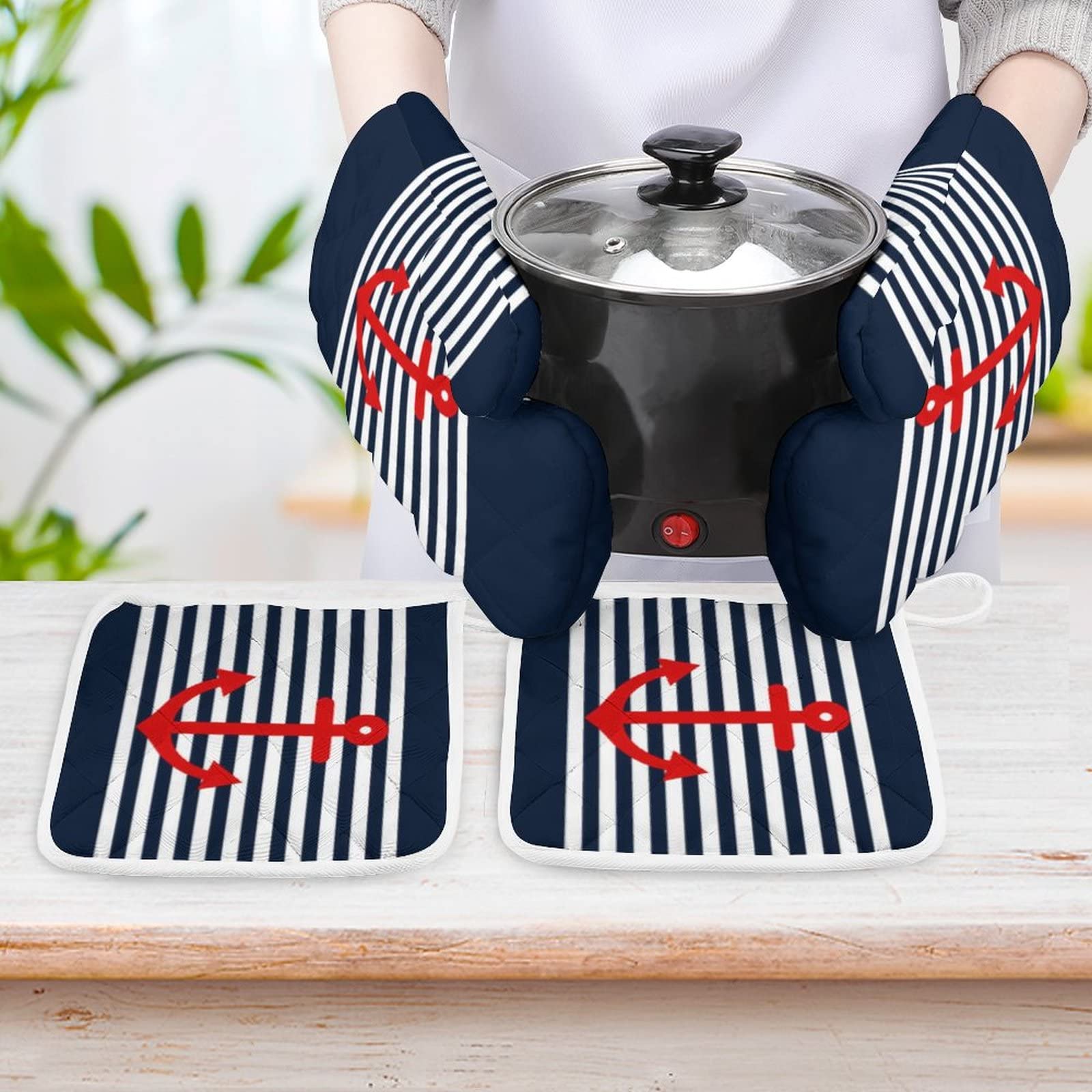 4PCS Oven Mitts Glove Kitchen Heat Resistant Pot Holders Set Navy Blue Nautical Kitchen Microwave Oven Gloves Mitts Anti-Scald Baking Cooking Gloves