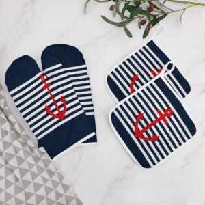 4PCS Oven Mitts Glove Kitchen Heat Resistant Pot Holders Set Navy Blue Nautical Kitchen Microwave Oven Gloves Mitts Anti-Scald Baking Cooking Gloves