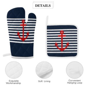 4PCS Oven Mitts Glove Kitchen Heat Resistant Pot Holders Set Navy Blue Nautical Kitchen Microwave Oven Gloves Mitts Anti-Scald Baking Cooking Gloves